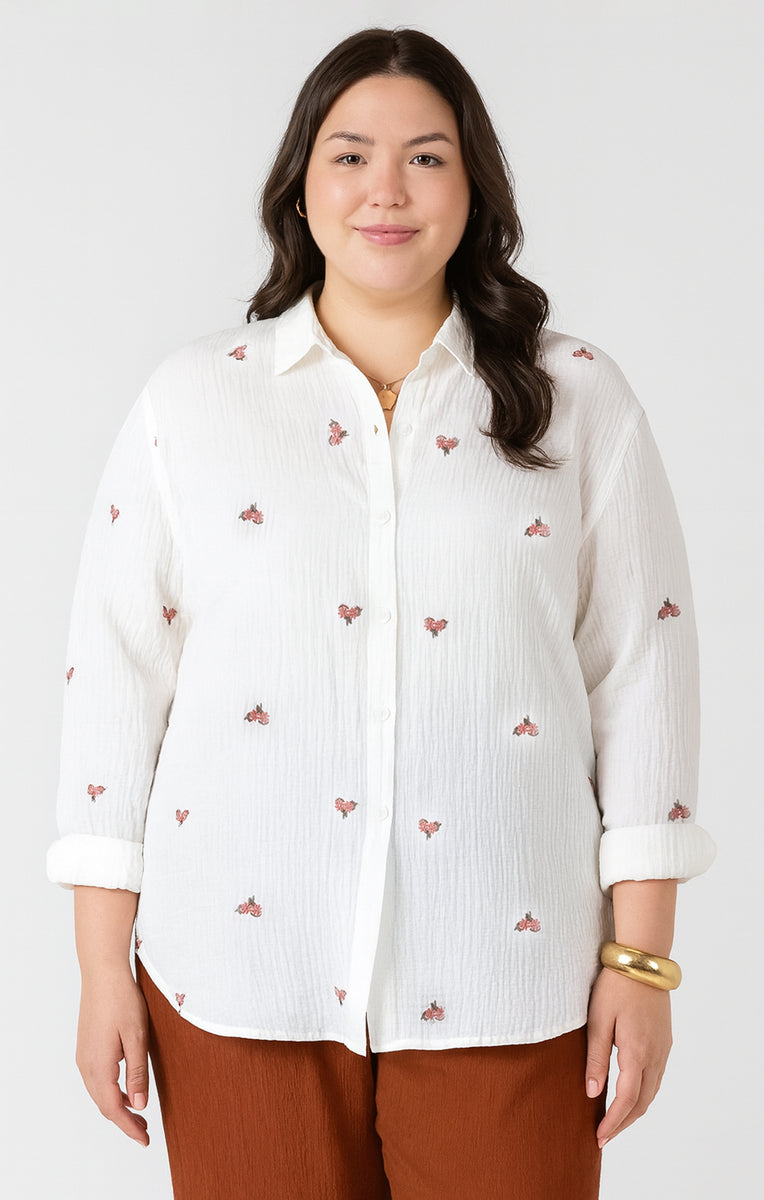 Dex Plus Textured Button Front Blouse In White Vintage Floral | Free ...