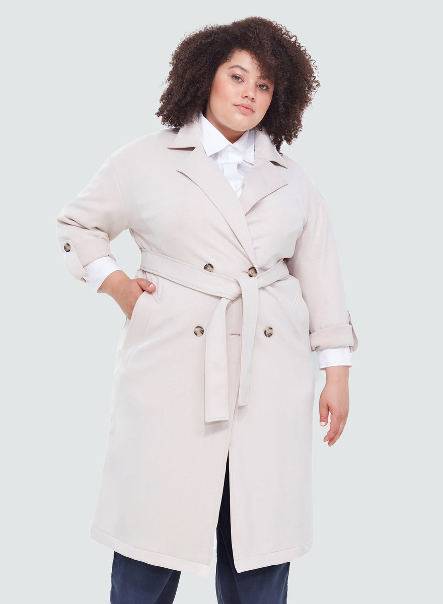 Dex Plus Double Breasted Knit Trench In Soft Ecru | Free Canada-Wide ...